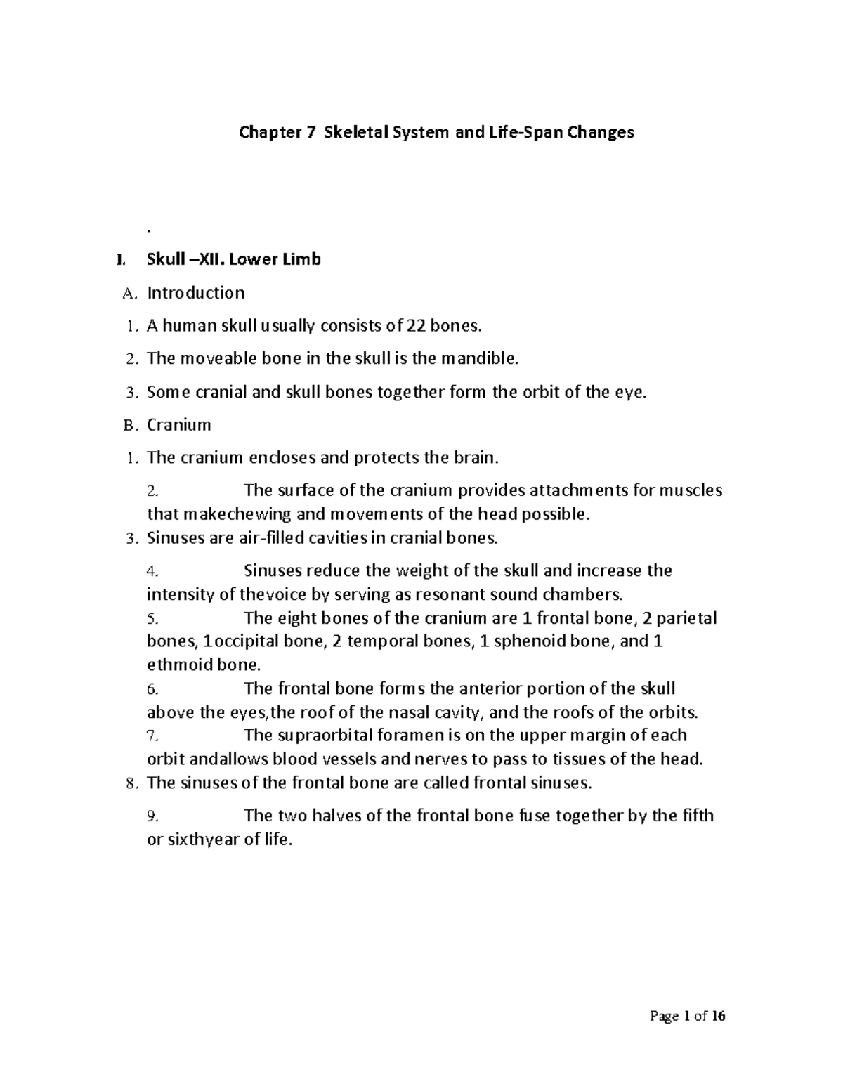 Chapter 7 Skeletal System and Life-Span Changes - I. Skull – XII. Lower ...