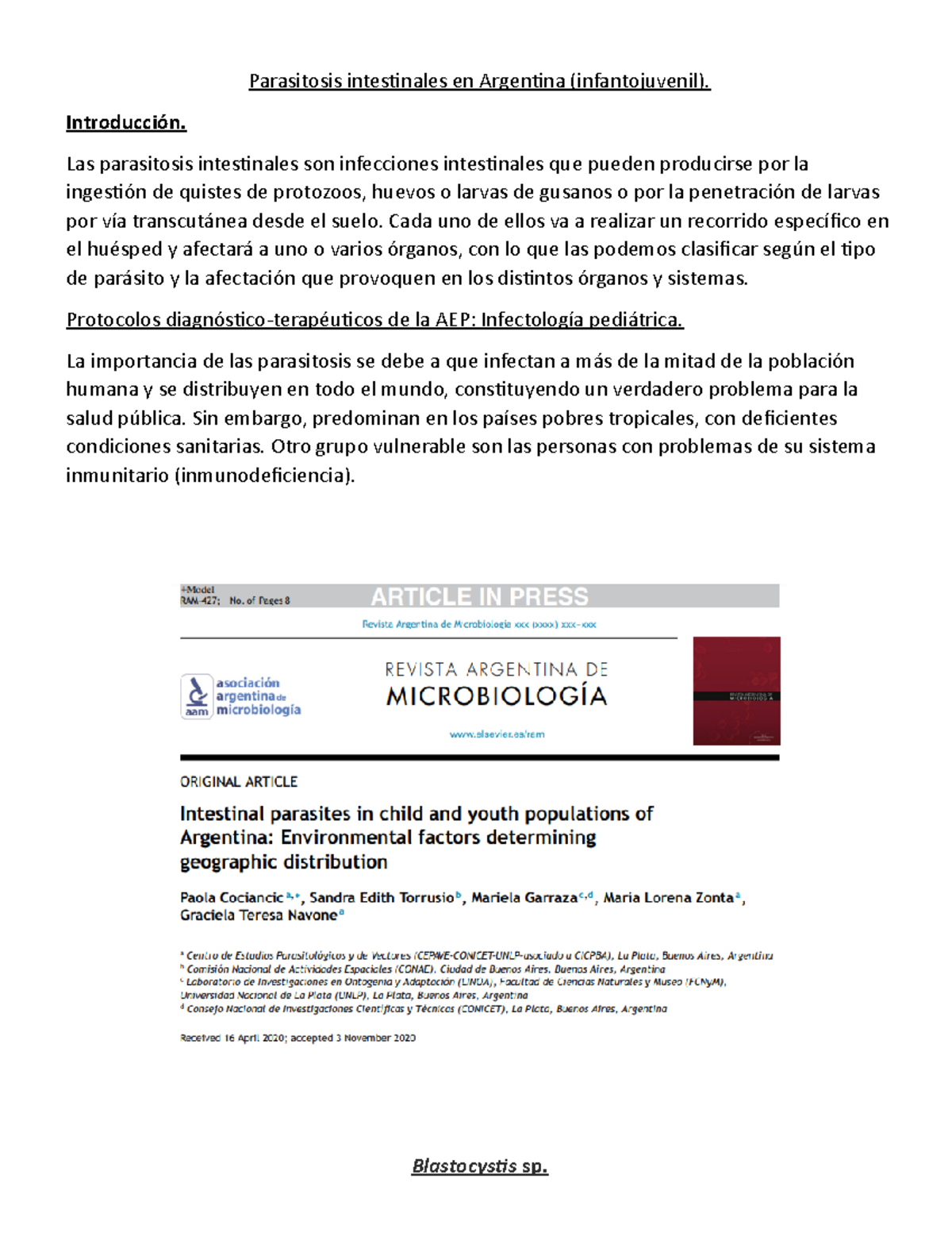 Parasitosis intestinales en Argentina - Introducción. Las parasitosis ...