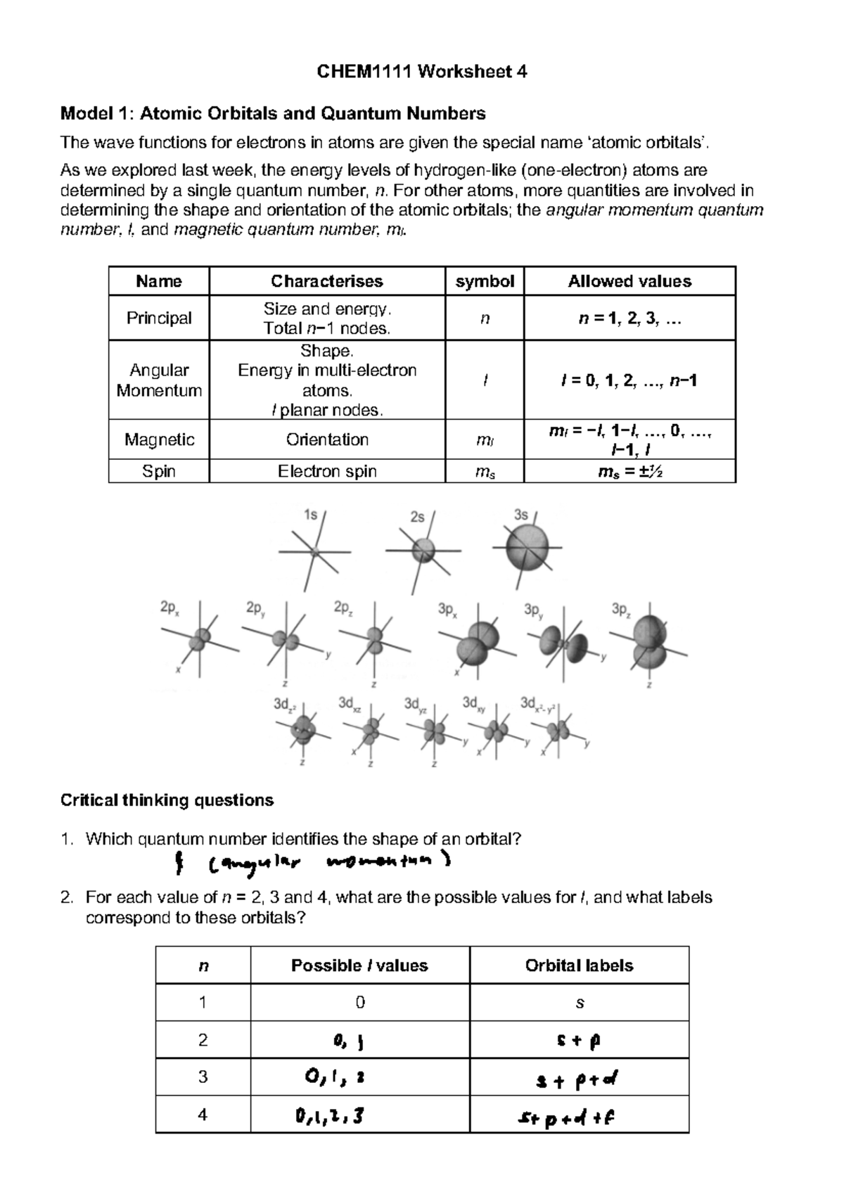 CHEM1111 Tutorial+04 - CHEM1111 Worksheet 4 Model 1: Atomic Orbitals ...