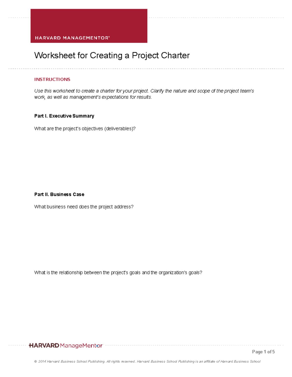 Worksheet for creating a project charter - Worksheet for Creating a ...