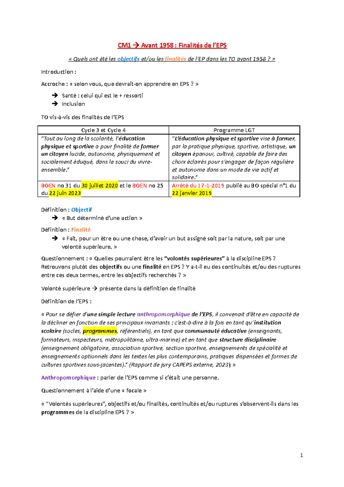Objectifs et finalités de l'EPS - CM1 Avant 1958 : Finalités de l’EPS ...
