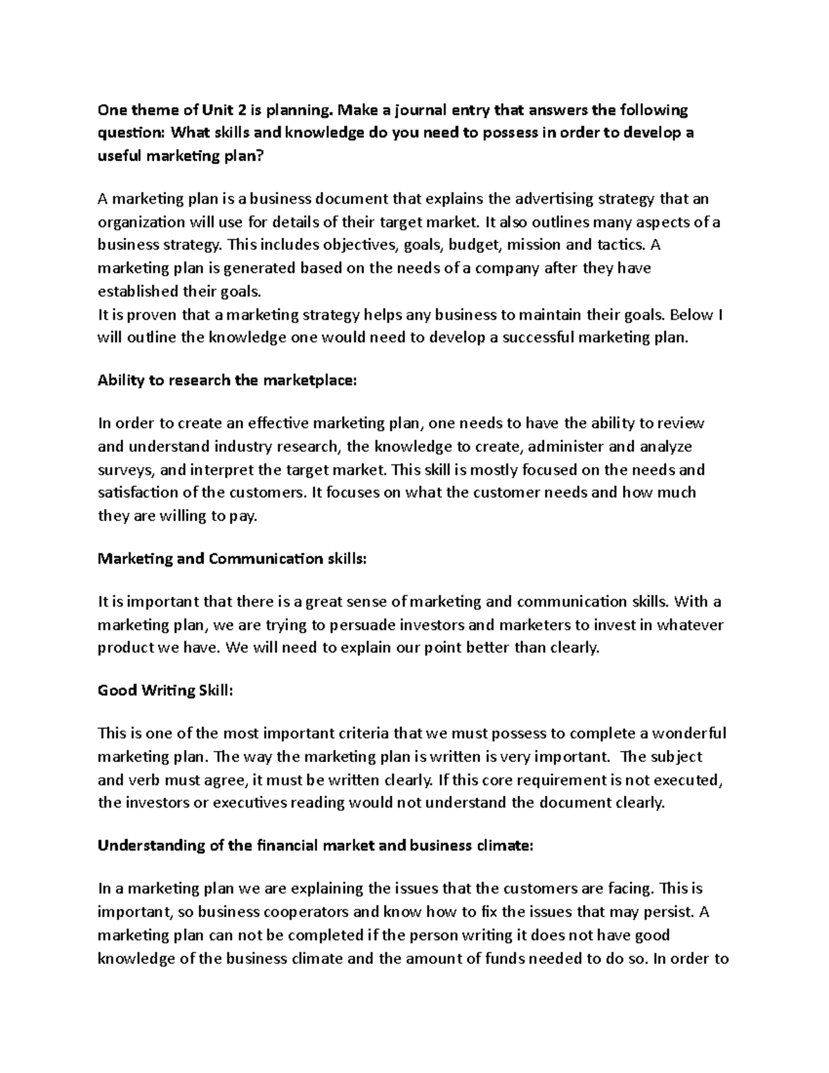 BUS 2201 Learning Journal Unit 2 - One theme of Unit 2 is planning ...