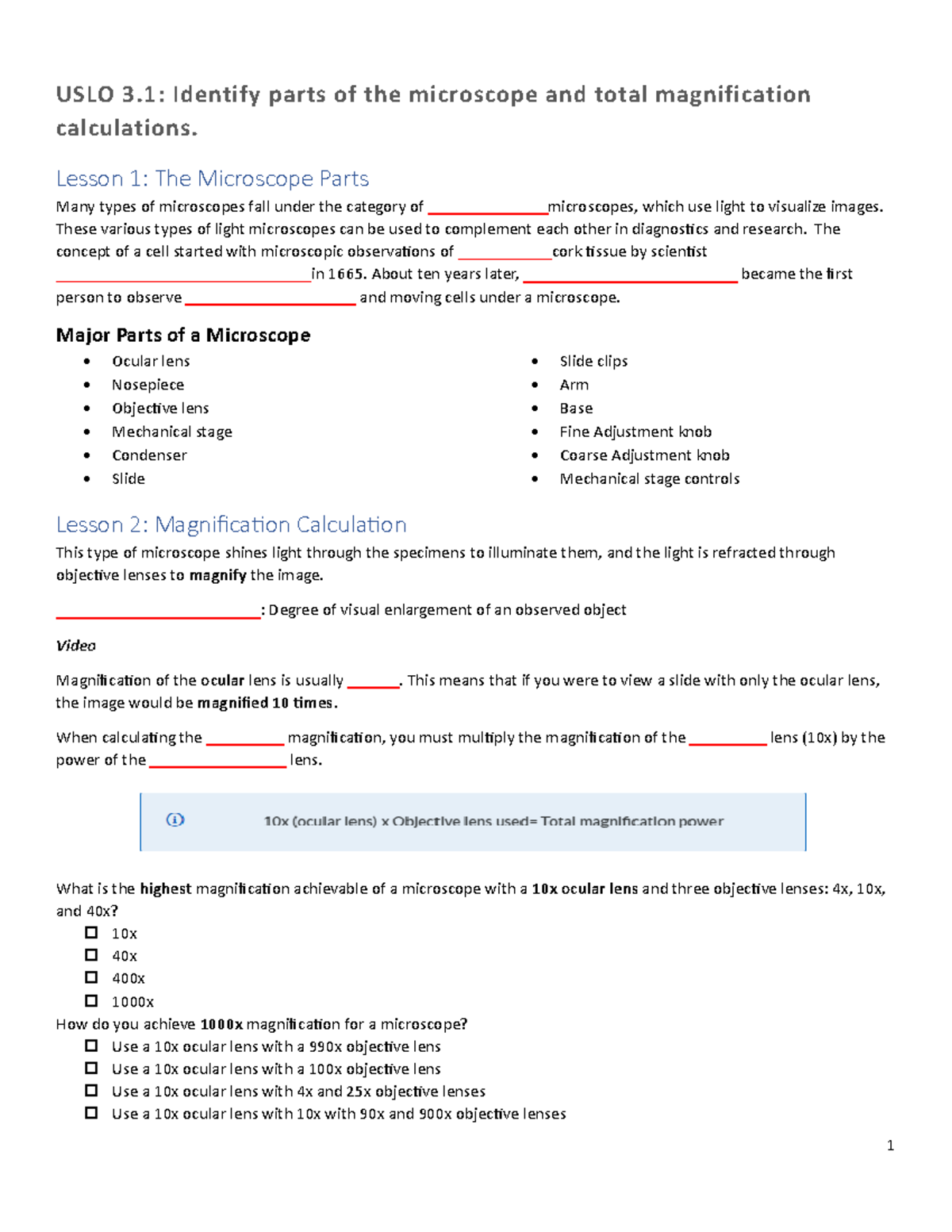 Microscope Parts and Magnification Calculations - Studocu