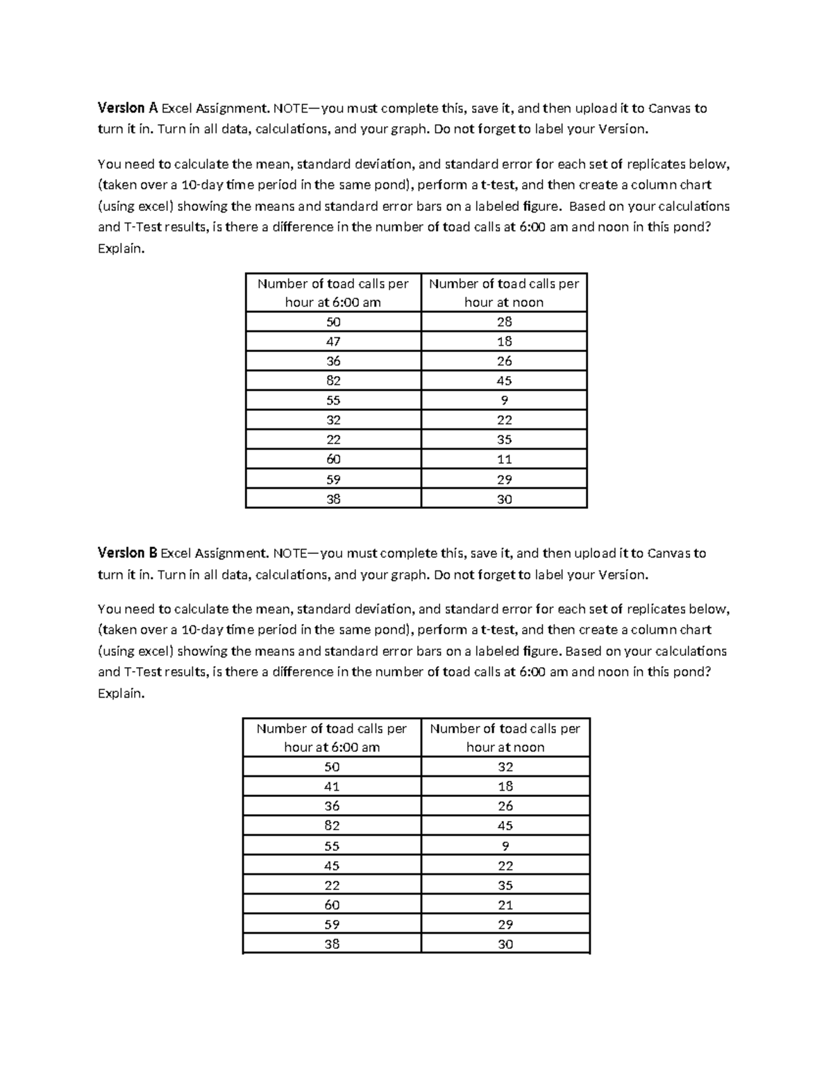 Bio 159 Excel Assignment Data Sets Fall2022 - Version A Excel ...