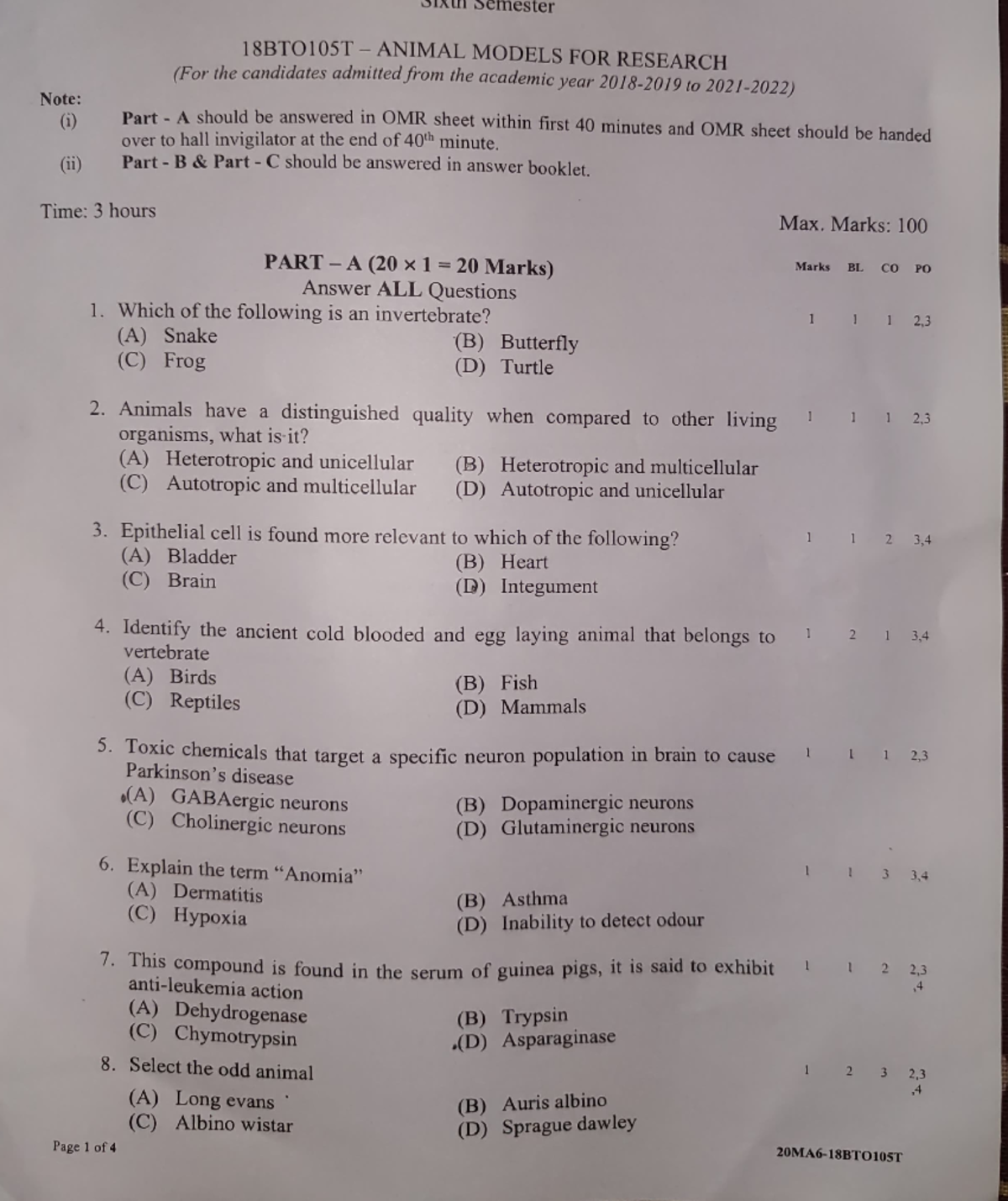 18BTO105T - Note: (i) () Time: 3 hours Part - A should be answered in ...