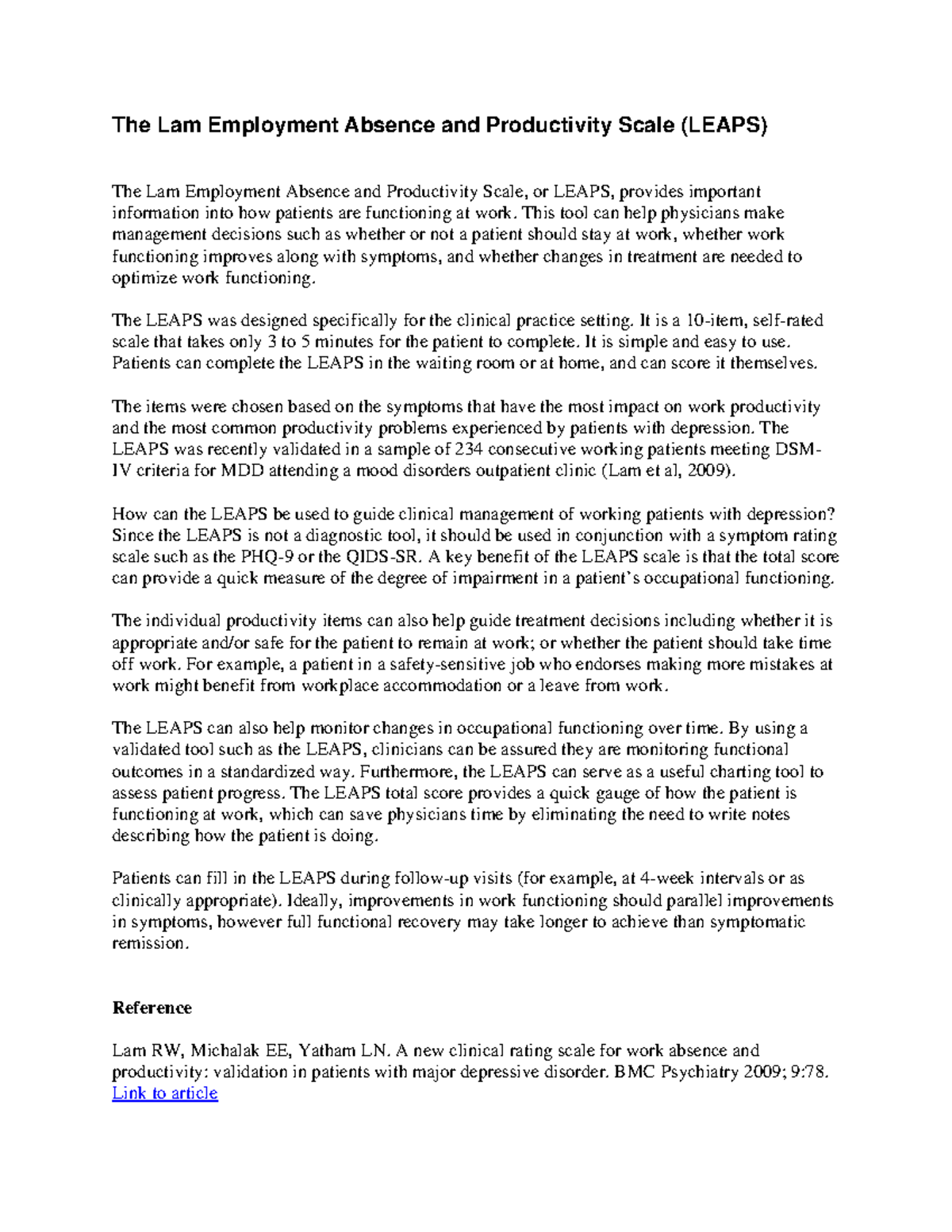 Leaps description and scale - The Lam Employment Absence and ...