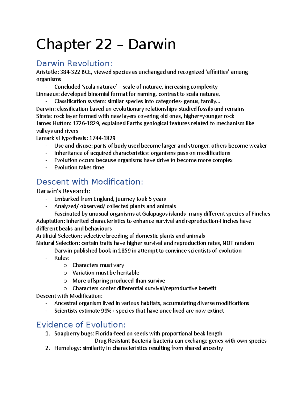 Chapter 22 - Textbook Notes. - Chapter 22 – Darwin Darwin Revolution ...