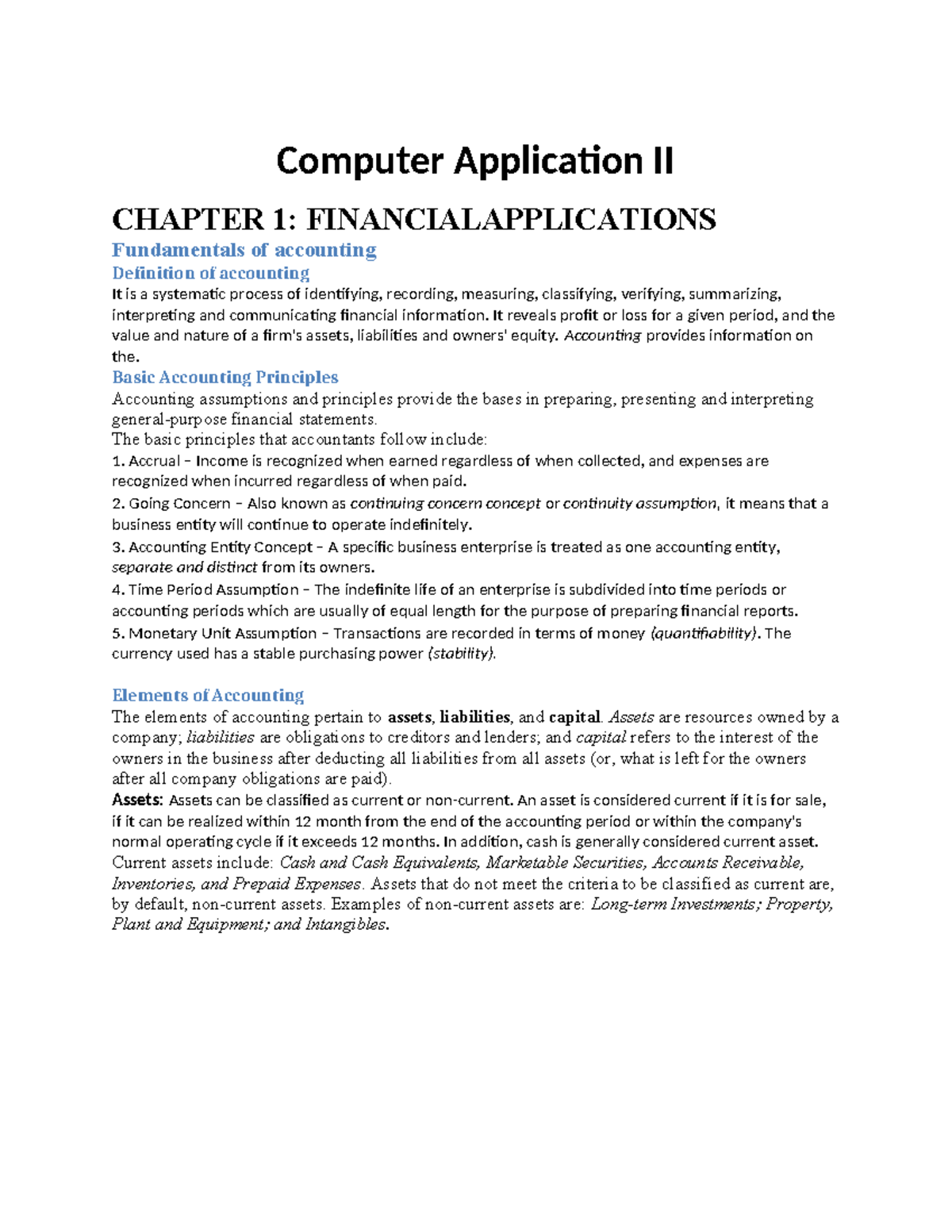 Computer Application II Intro - Computer Application II CHAPTER 1: FINANCIALAPPLICATIONS - Studocu