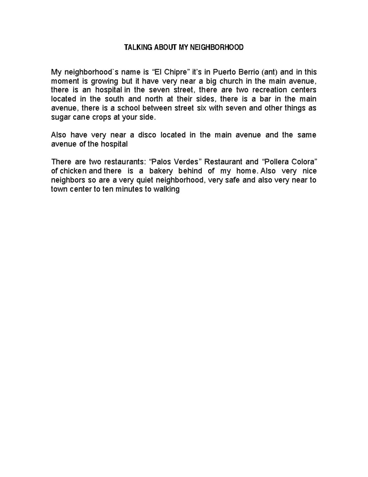 Talking About MY Neighborhood - TALKING ABOUT MY NEIGHBORHOOD - Studocu