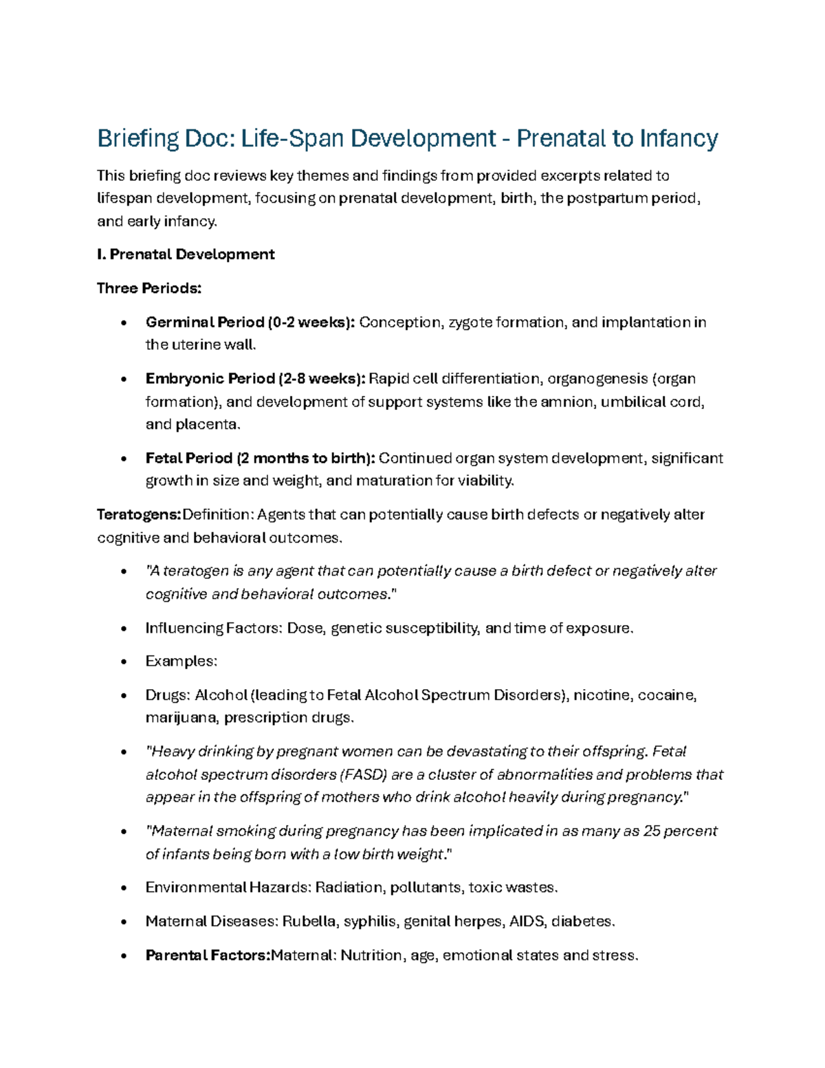 Prenatal-Infancy Development Notes - Briefing Doc: Life-Span ...