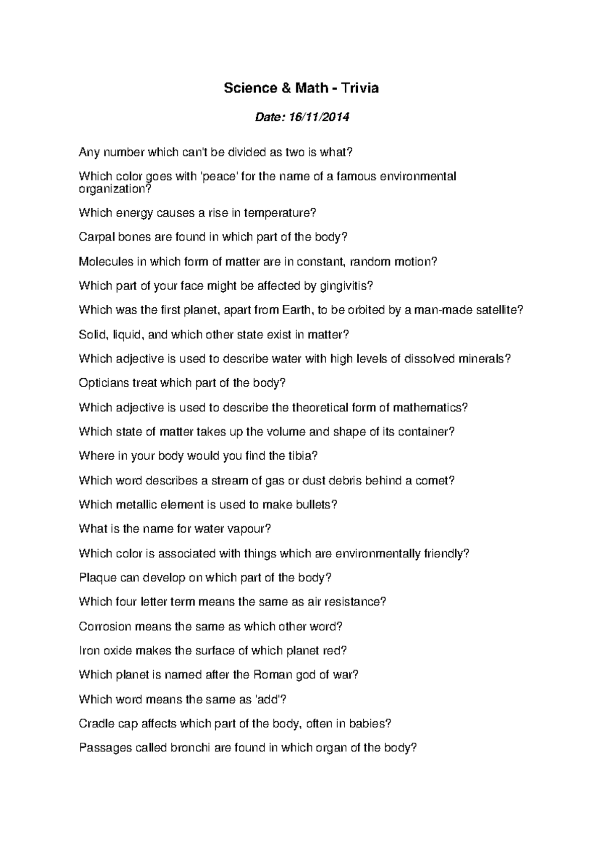 Science & Math Trivia 46 - Science & Math - Trivia Date: 16/11/ Any ...