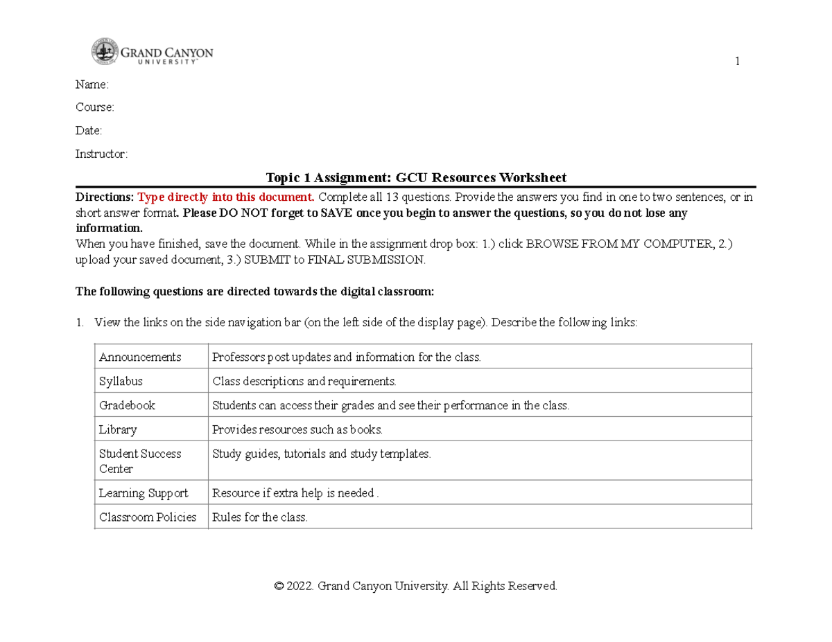 UNV-103 gcu resources PDF - Name: Course: Date: Instructor: Topic 1 Assignment: GCU Resources ...