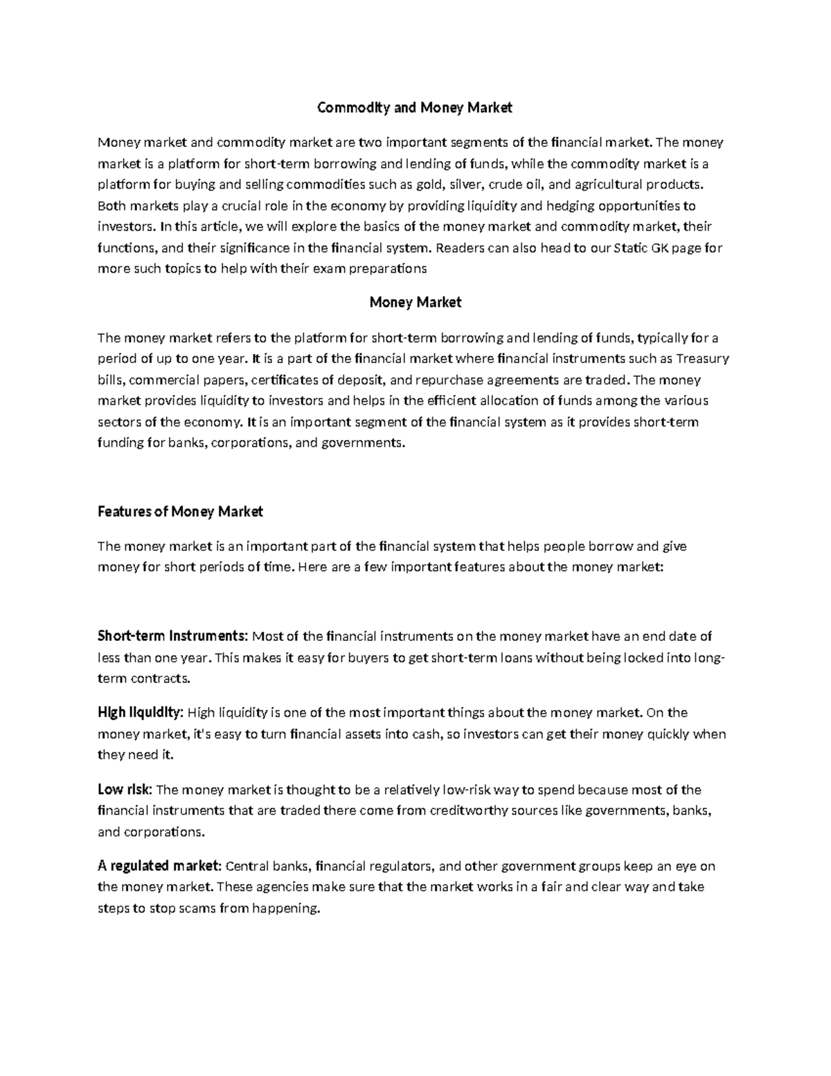 Unit v notes - Commodity and Money Market Money market and commodity ...