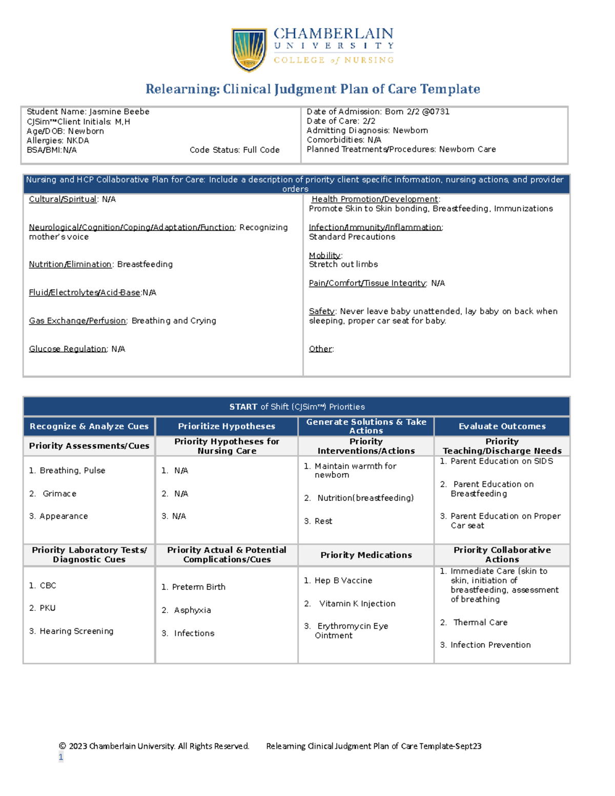 Nr327 Planof Care MH - plan of care - Student Name: Jasmine Beebe CJSim ...