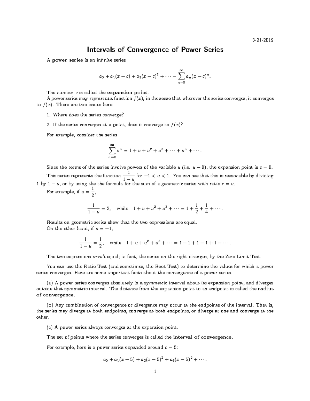Intervals-of-convergence - 3-31- Intervals of Convergence of Power ...