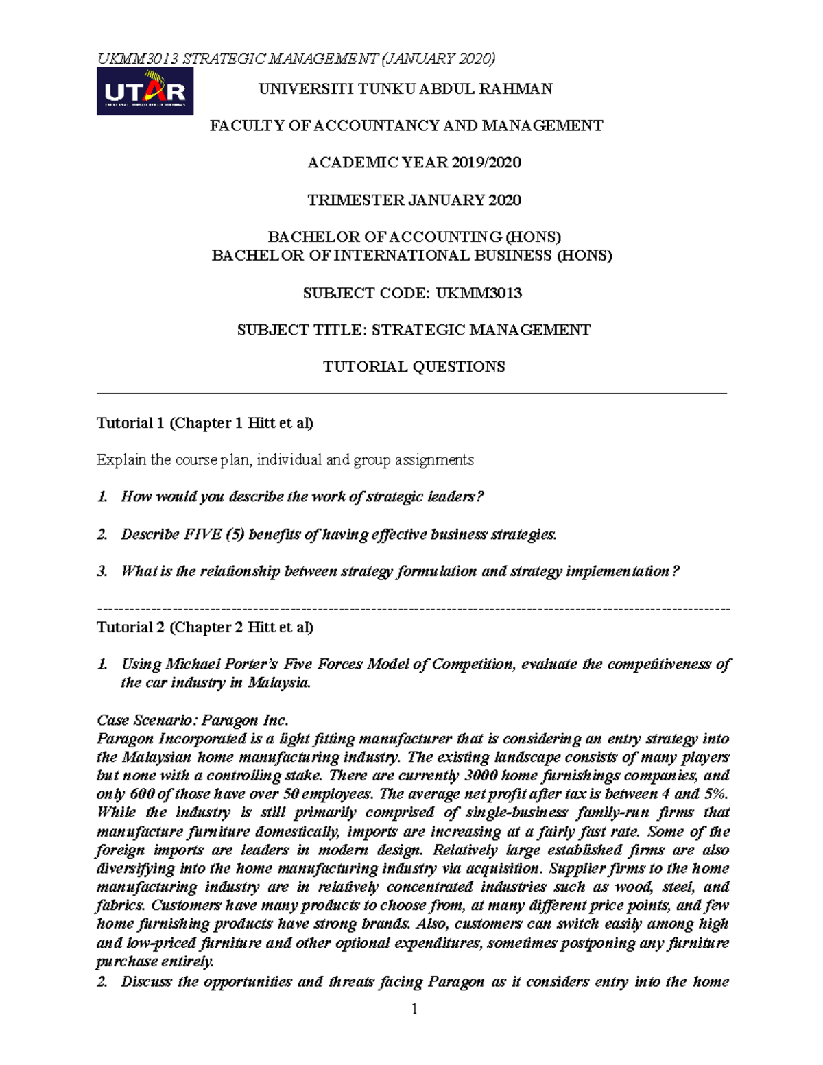 SM Tutorial Questions Jan 2020 - UNIVERSITI TUNKU ABDUL RAHMAN FACULTY ...