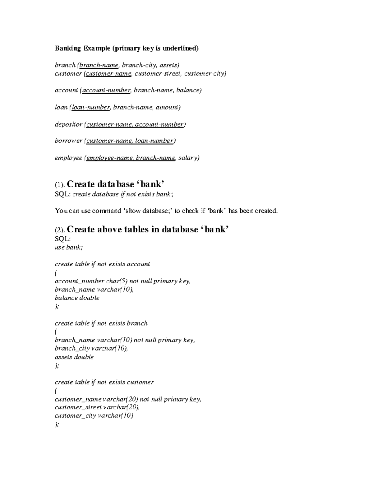 My SQL-handout - Nothing - Banking Example (primary key is underlined ...