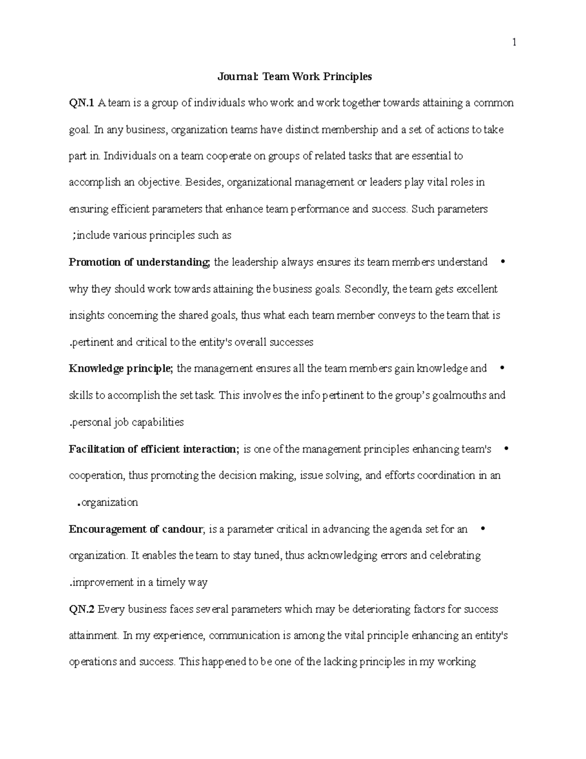 Journal on motivating employees - 1 Journal: Team Work Principles QN A ...