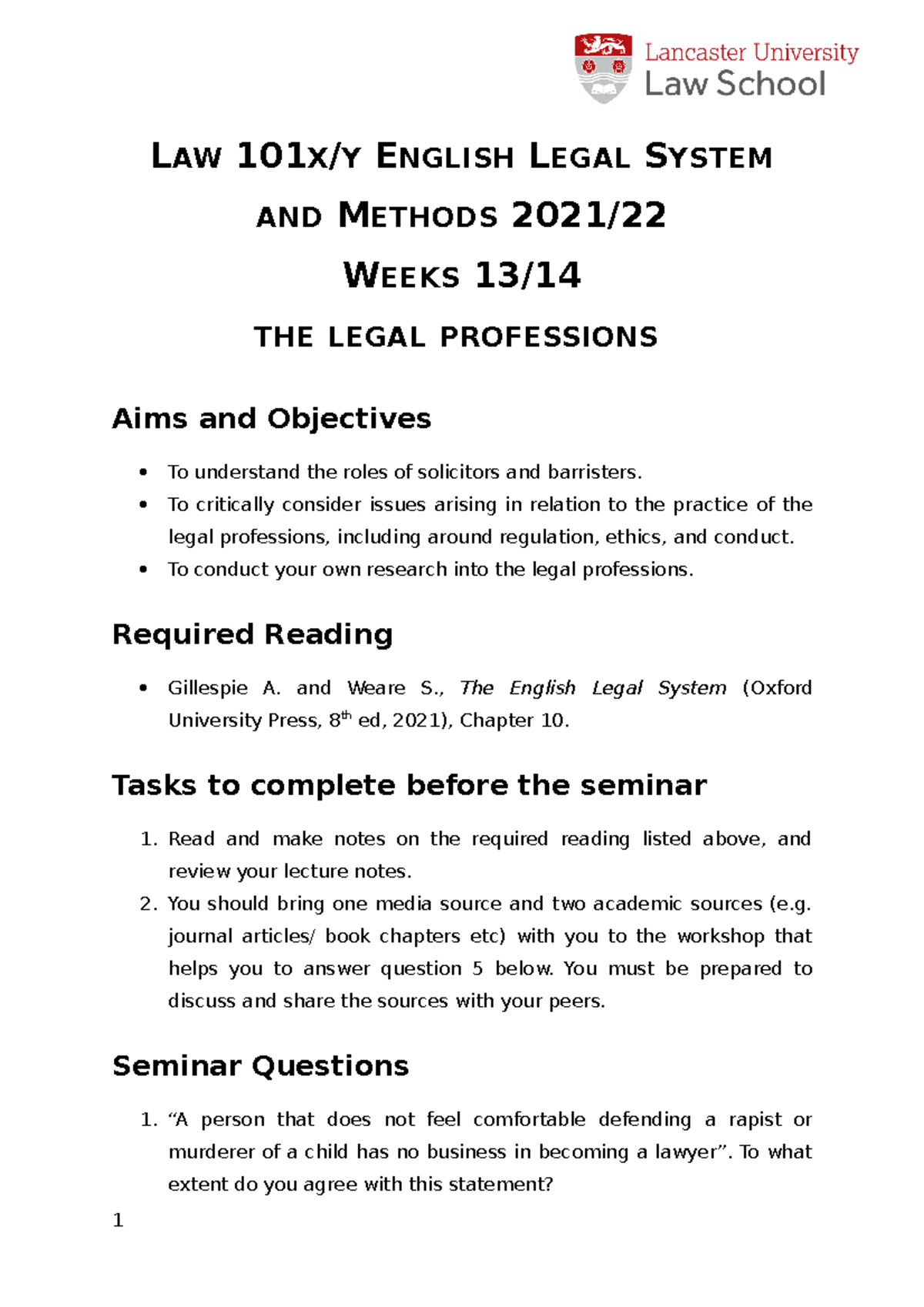 Seminar Sheet - The Legal Professions seminar 2021/2022 - LAW 101 X/Y ...
