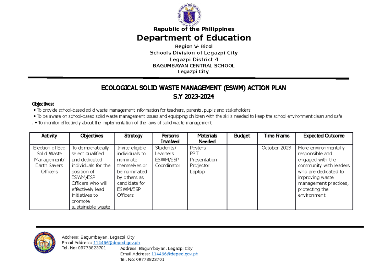ESWM Action PLAN 2023 - hope it helps - Address: Bagumbayan, Legazpi ...