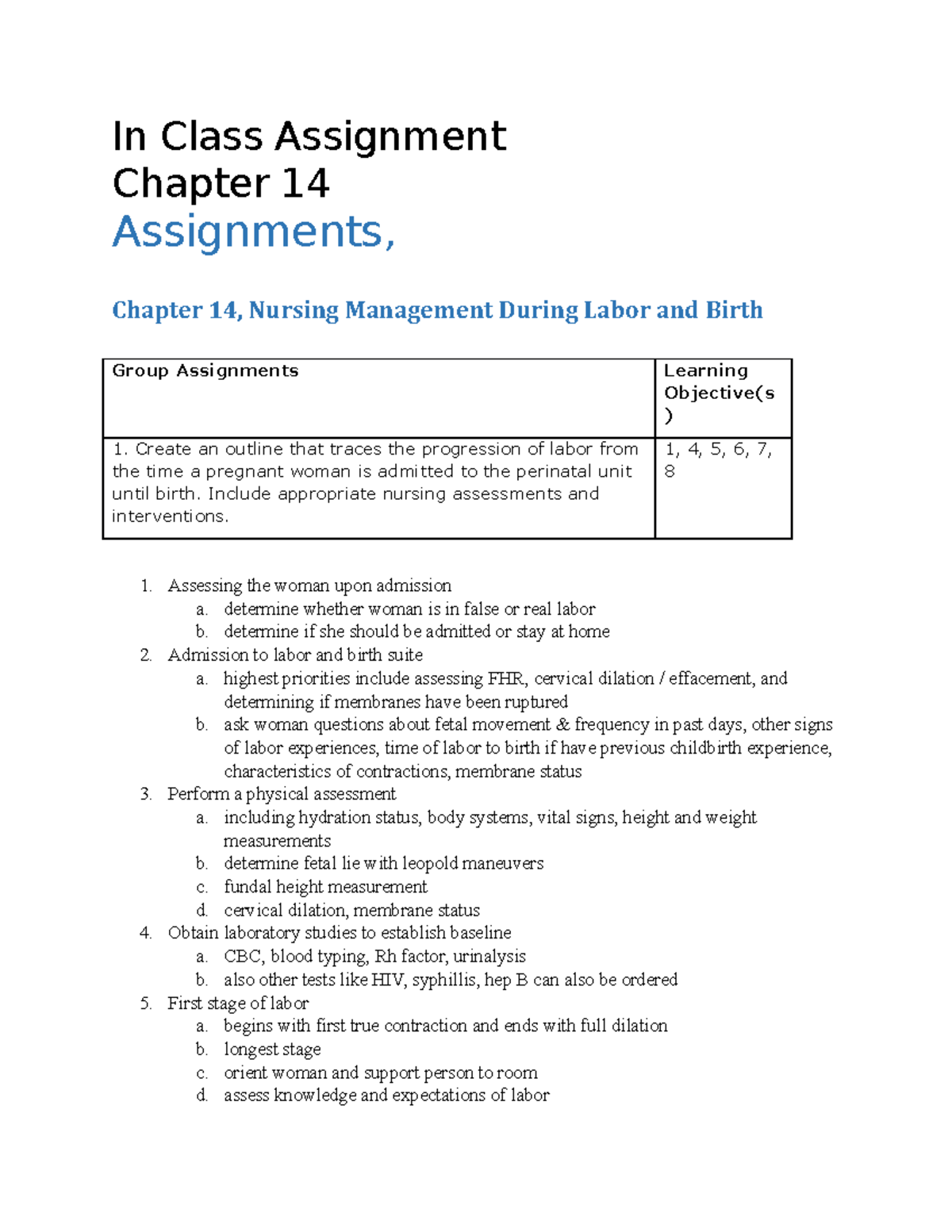 Chap 14 Nursing Management During Labor and Birth - In Class Assignment ...