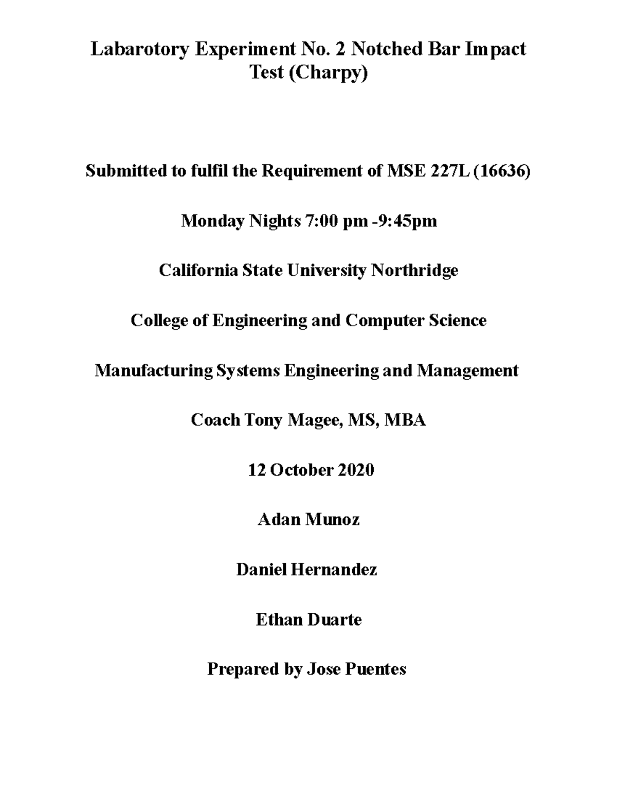 Experiment #2 MSE227L - Labarotory Experiment No. 2 Notched Bar Impact ...