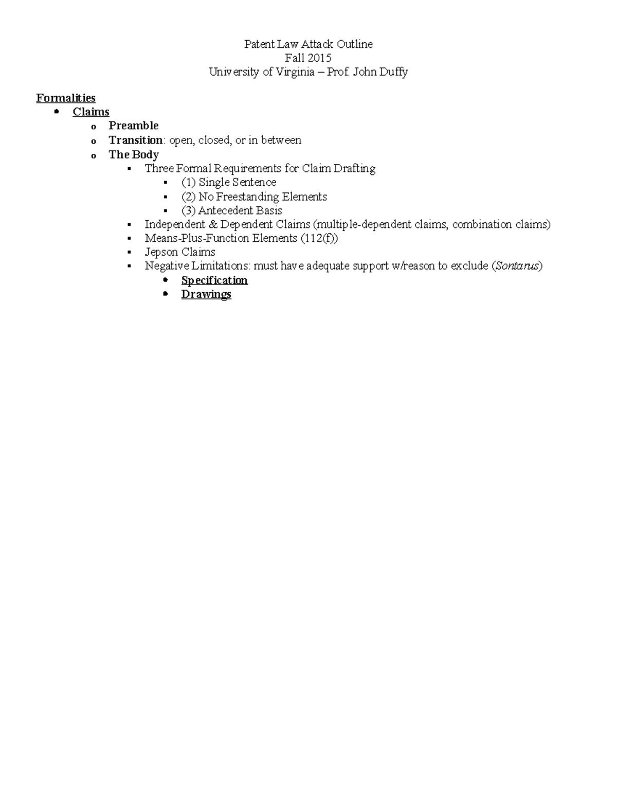 Fall 2015 Duffy Patent Law Attack Outline - Patent Law Attack Outline ...