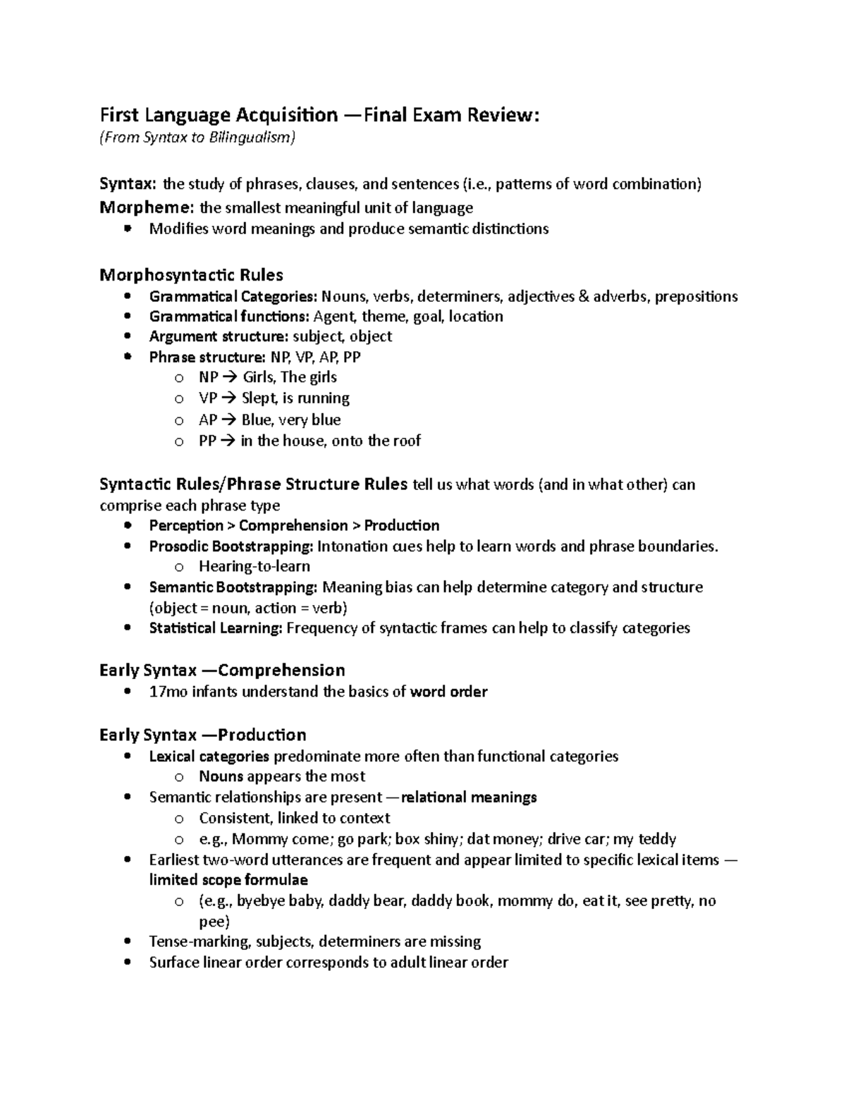 Final Exam Review - NYU Assignment - First Language Acquisition Exam ...