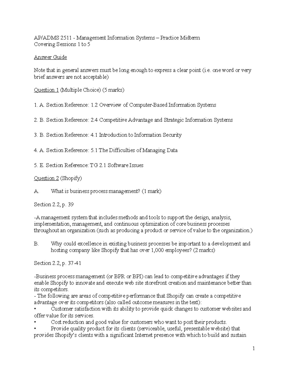 5 Sess Prac MT Ans - Midterm practice - AP/ADMS 2511 - Management Information Systems – Practice ...