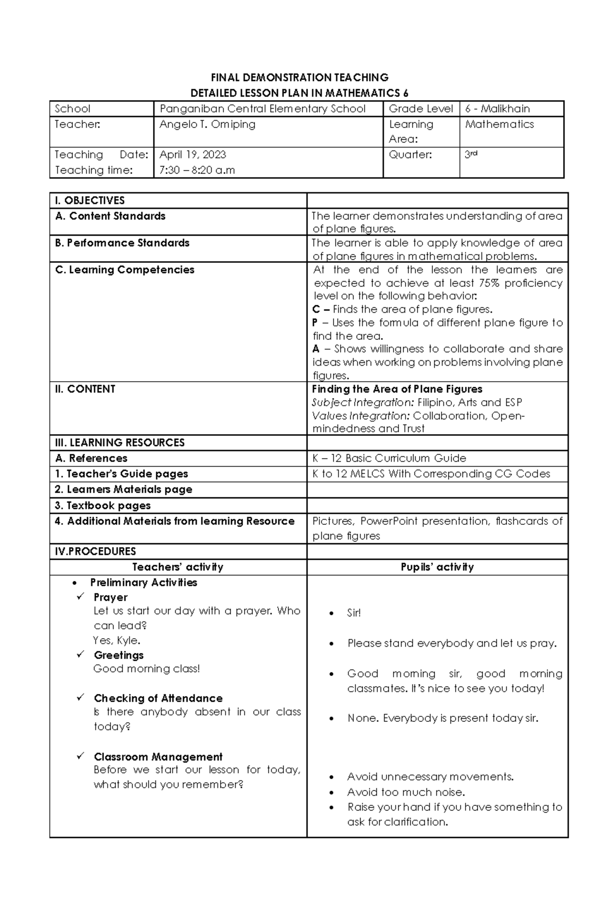 Detailed Lesson Plan in Math 6 - FINAL DEMONSTRATION TEACHING DETAILED ...