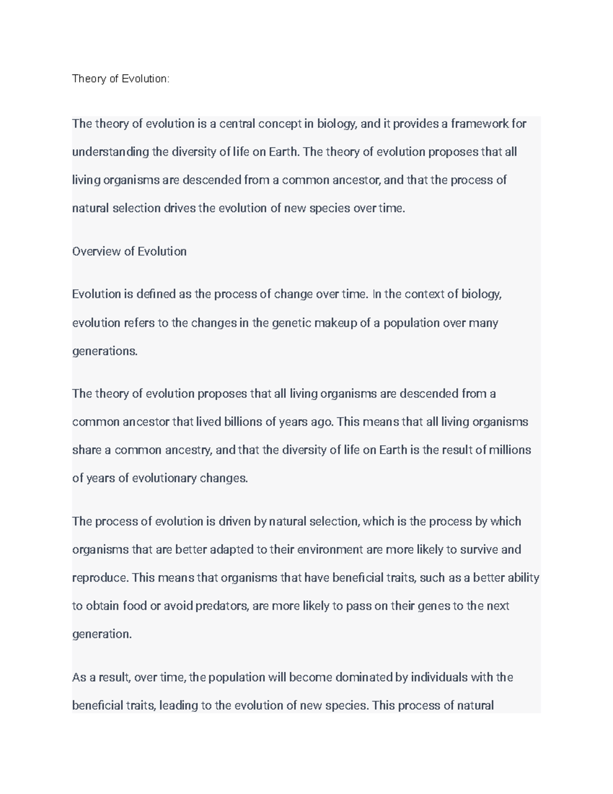 Theory of Evolution notes - Theory of Evolution: The theory of ...