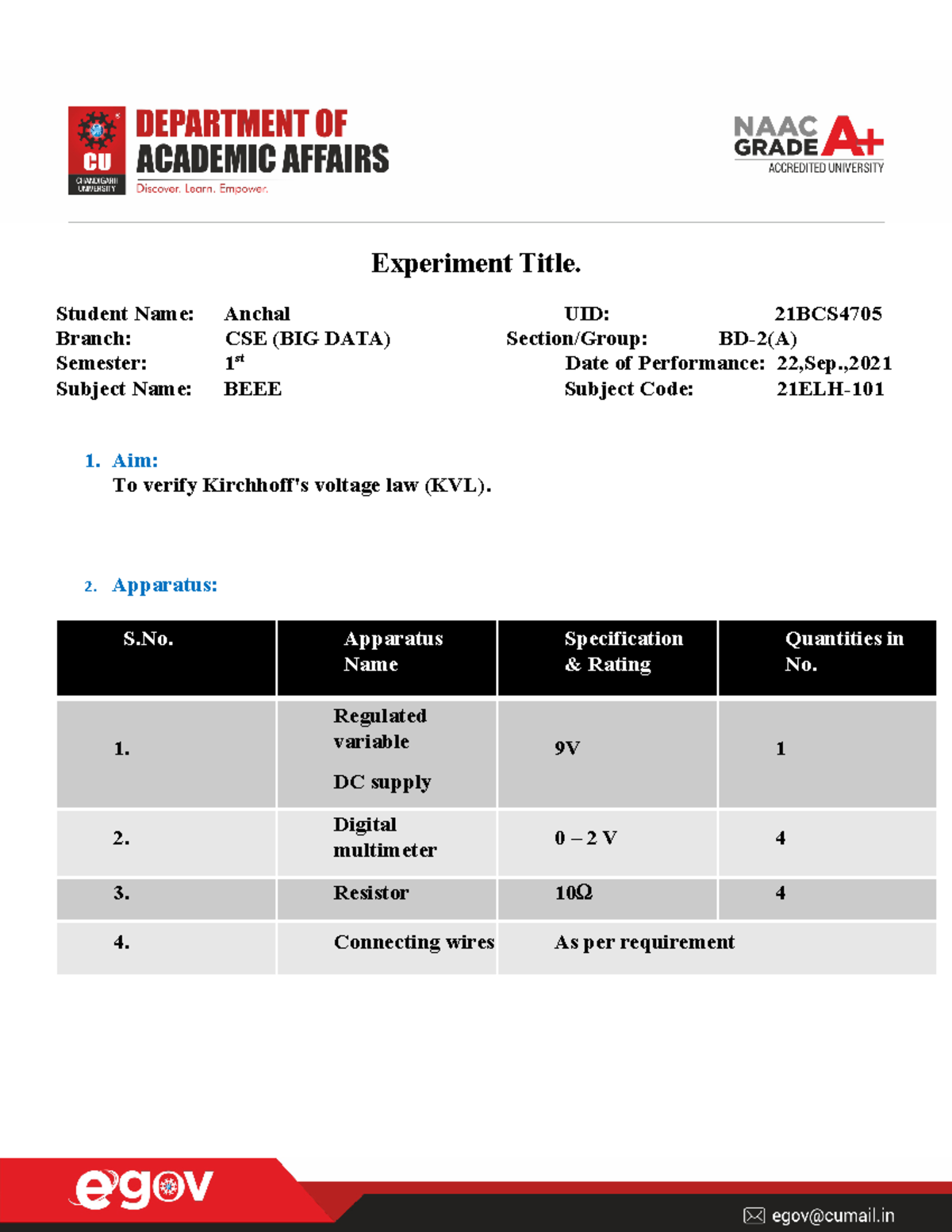 Exp-2(kvl) - beee work sheet - Experiment Title. Student Name: Anchal UID: 21BCS Branch: CSE ...