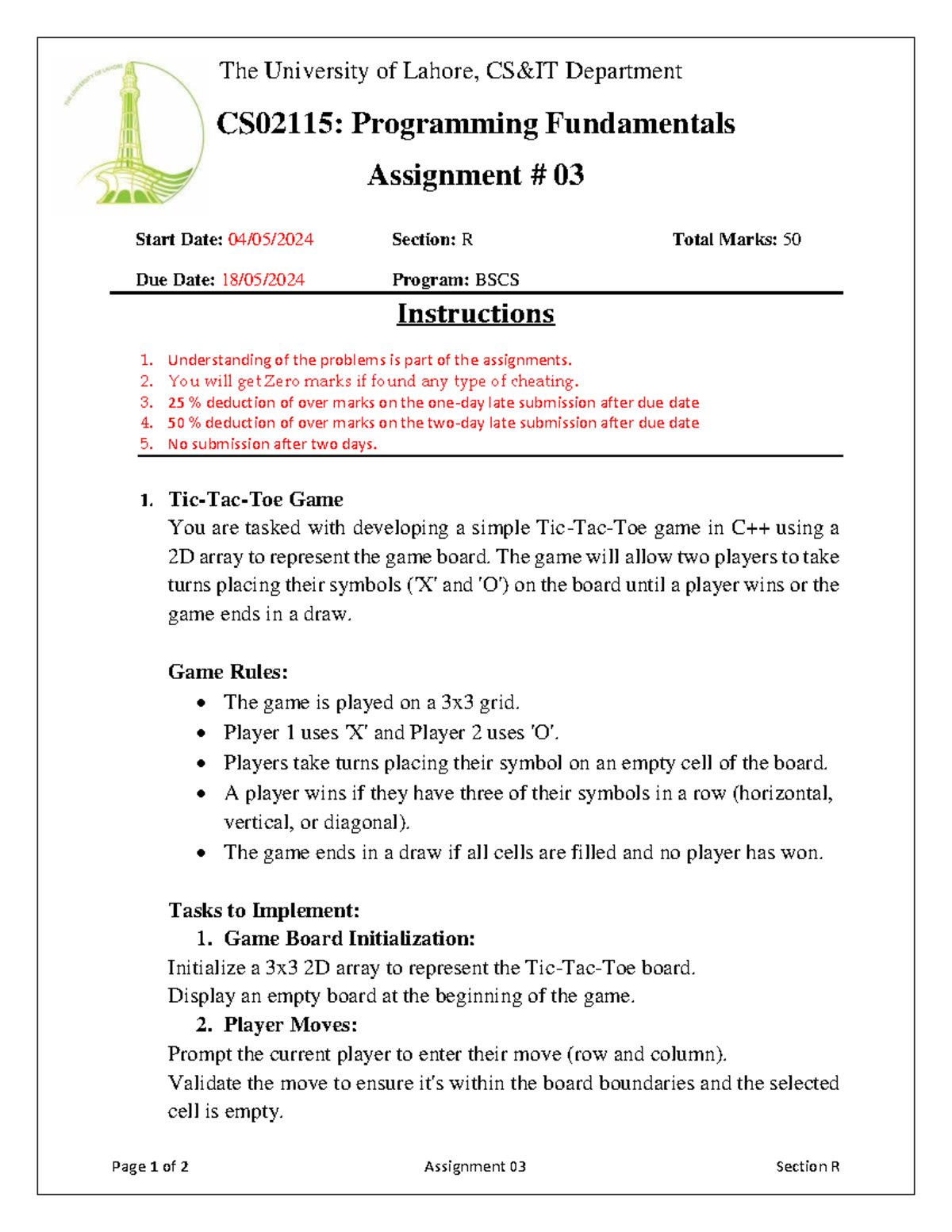A#03 PF 2R - Page 1 of 2 Assignment 03 Section R The University of Lahore, CS&IT Department ...