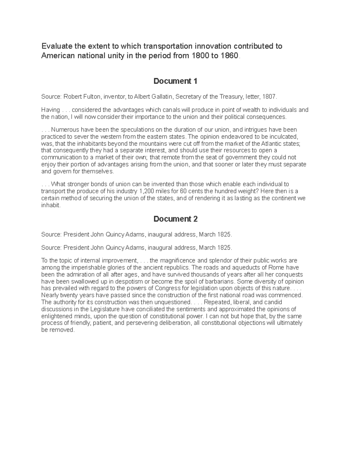 DBQ Early 1800s Transportation - Evaluate the extent to which ...