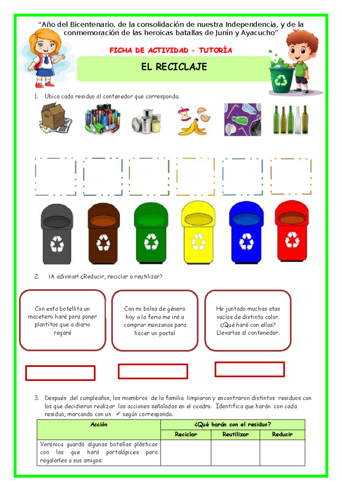 Ficha-MART-TUT-EL Reciclaje - “Año del Bicentenario, de la ...