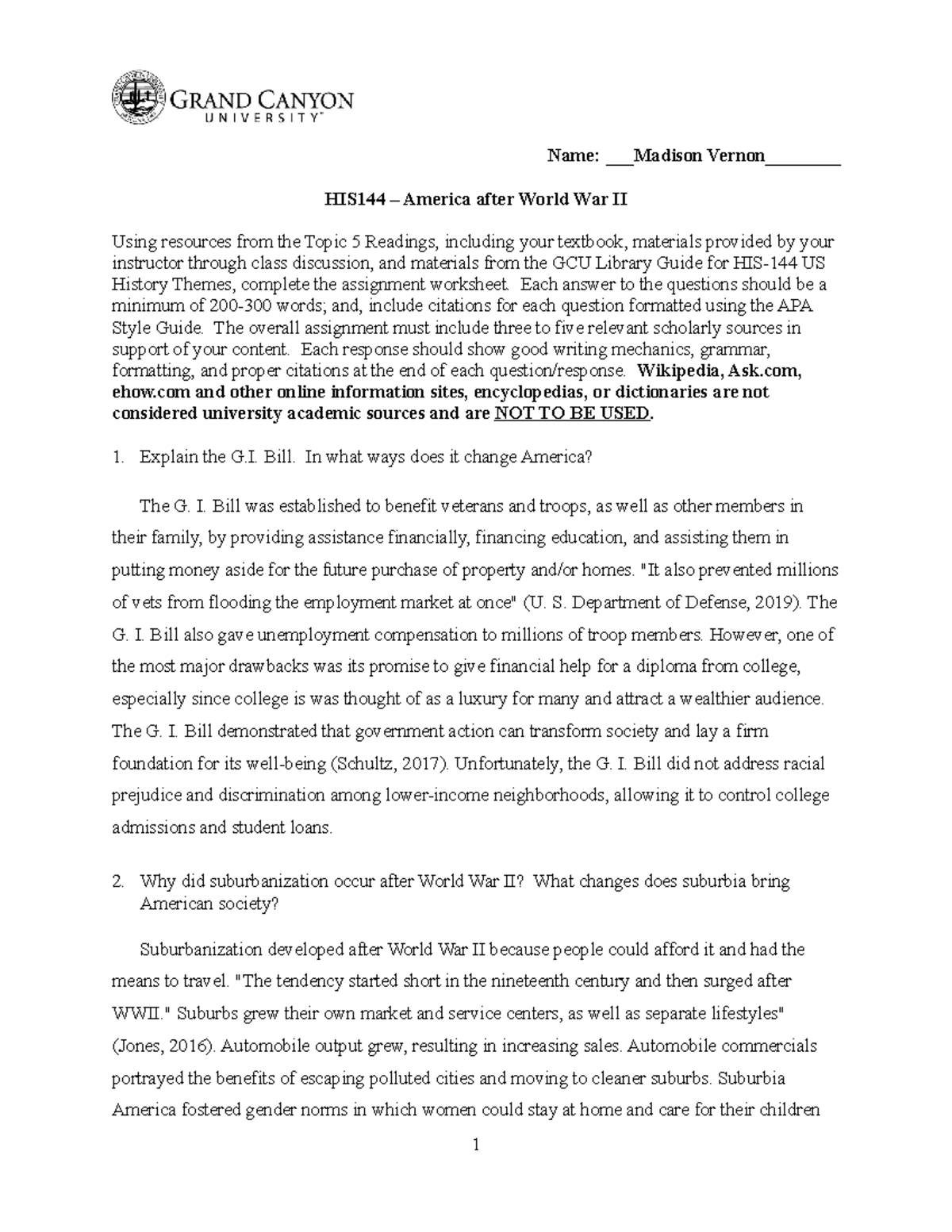 HIS 144 america after world war 2 - Name: Madison Vernon_____ HIS144 ...