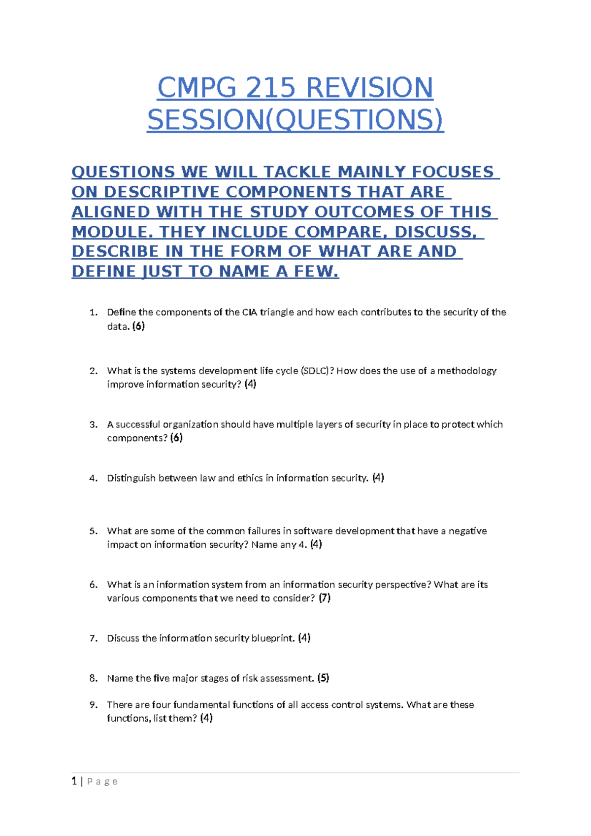 Questions to use as practice materials for test prep - CMPG 215 ...