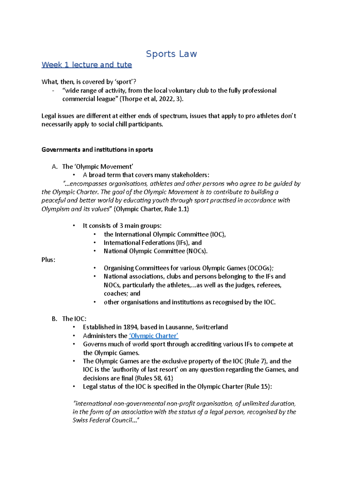 Sports Law - lecture notes week 1 - Sports Law Week 1 lecture and tute ...