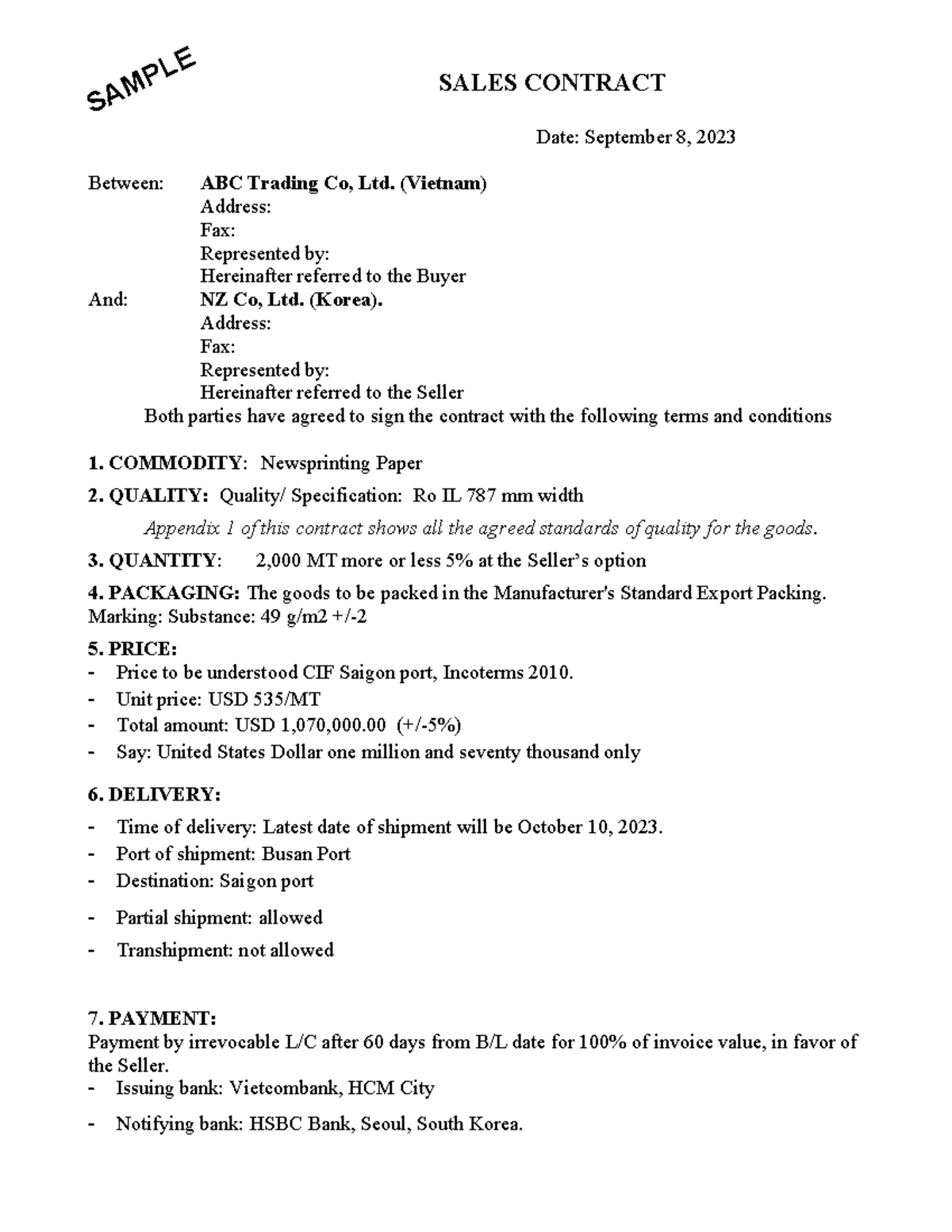 SALE- Contract-9 - SALE- Contract-9 - SALES CONTRACT Date: September 8 ...