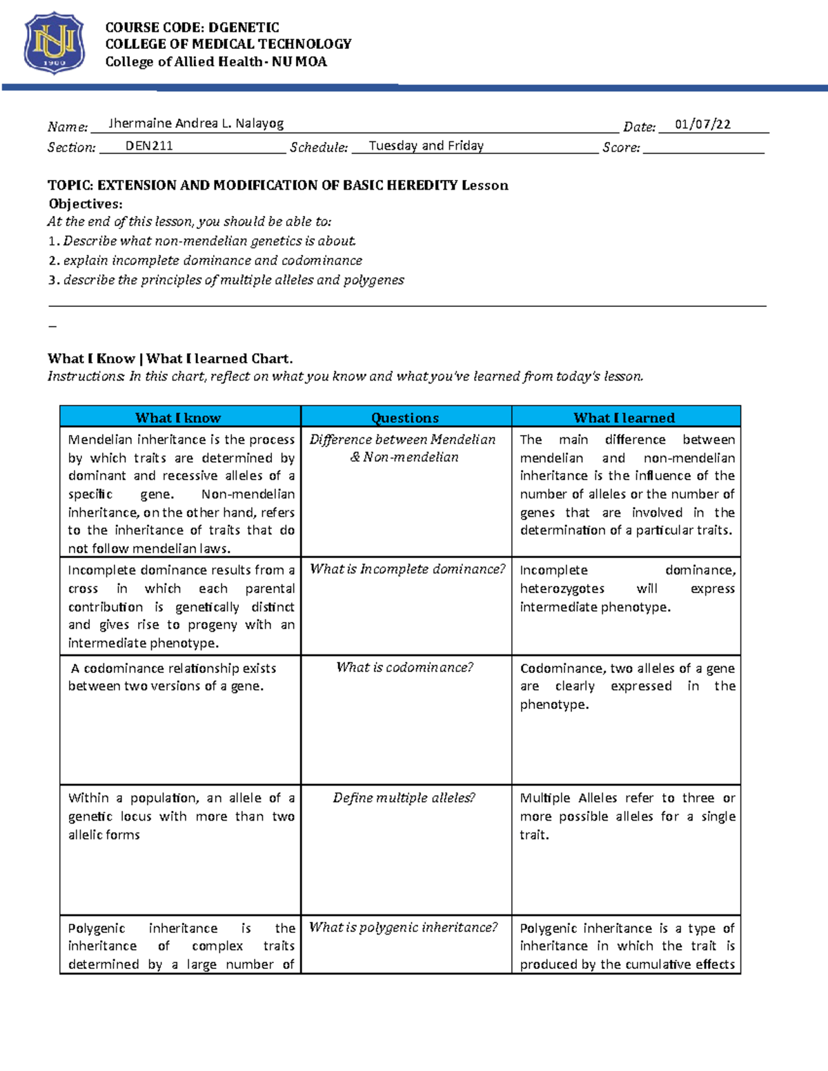 Genetics Non Mendelian - Name: - Studocu