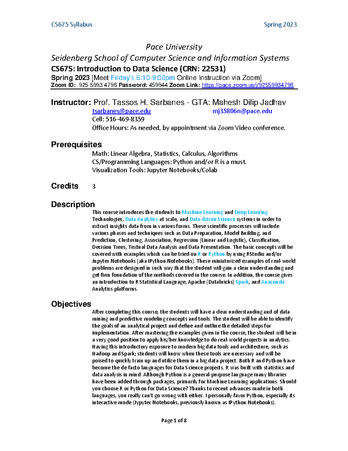 CS675 22531 Syllabus Sp2023 - Pace University Seidenberg School of Computer Science and ...