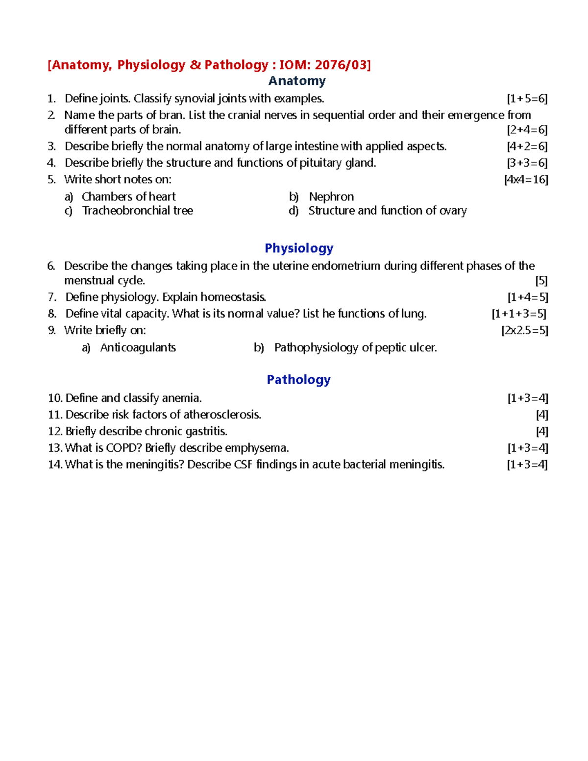 IOM Past paper Anatomy Physiology - [Anatomy, Physiology & Pathology ...