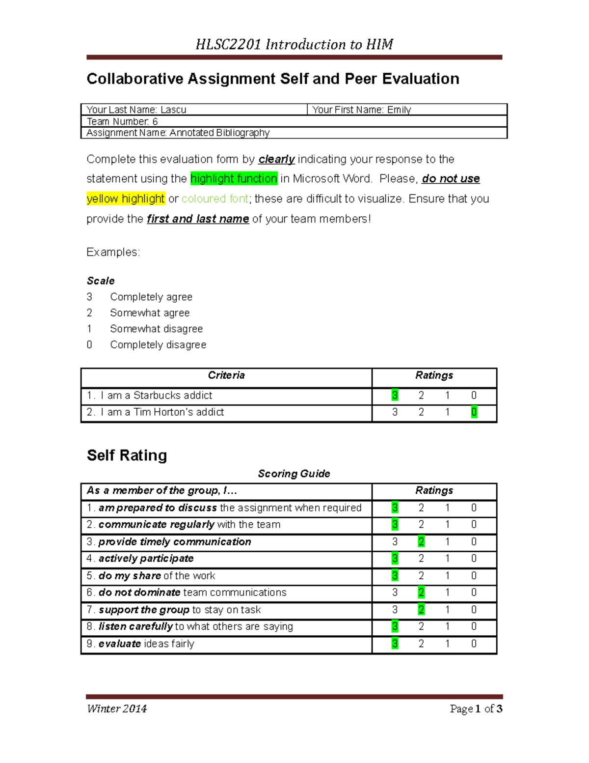 Self and Peer Evaluation Rubric F18 update - HLSC2201 Introduction to ...