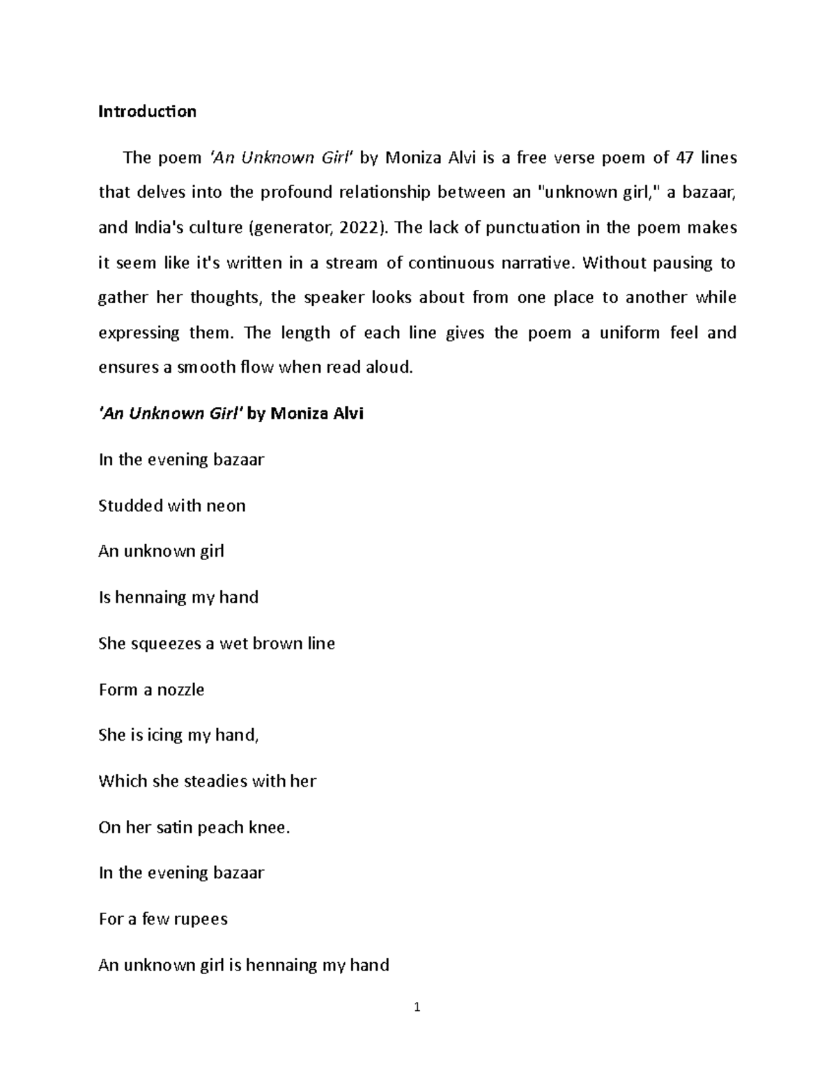 An unknown girl by moniza - Introduction The poem 'An Unknown Girl' by ...