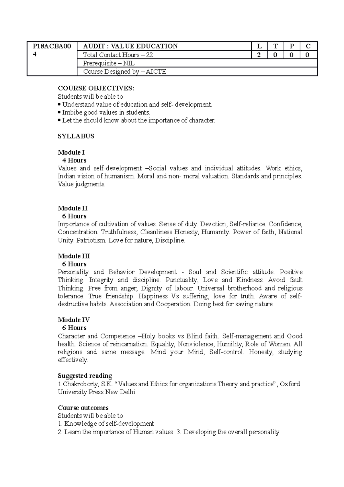 P18ACBA004 Value Education ( Audit Course) - Studocu