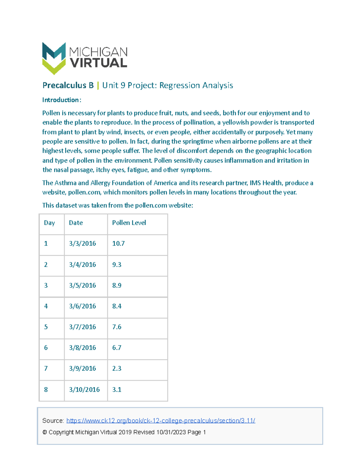 Precalc BU 9Project Regression Analysis - Precalculus B | Unit 9 Project: Regression Analysis ...