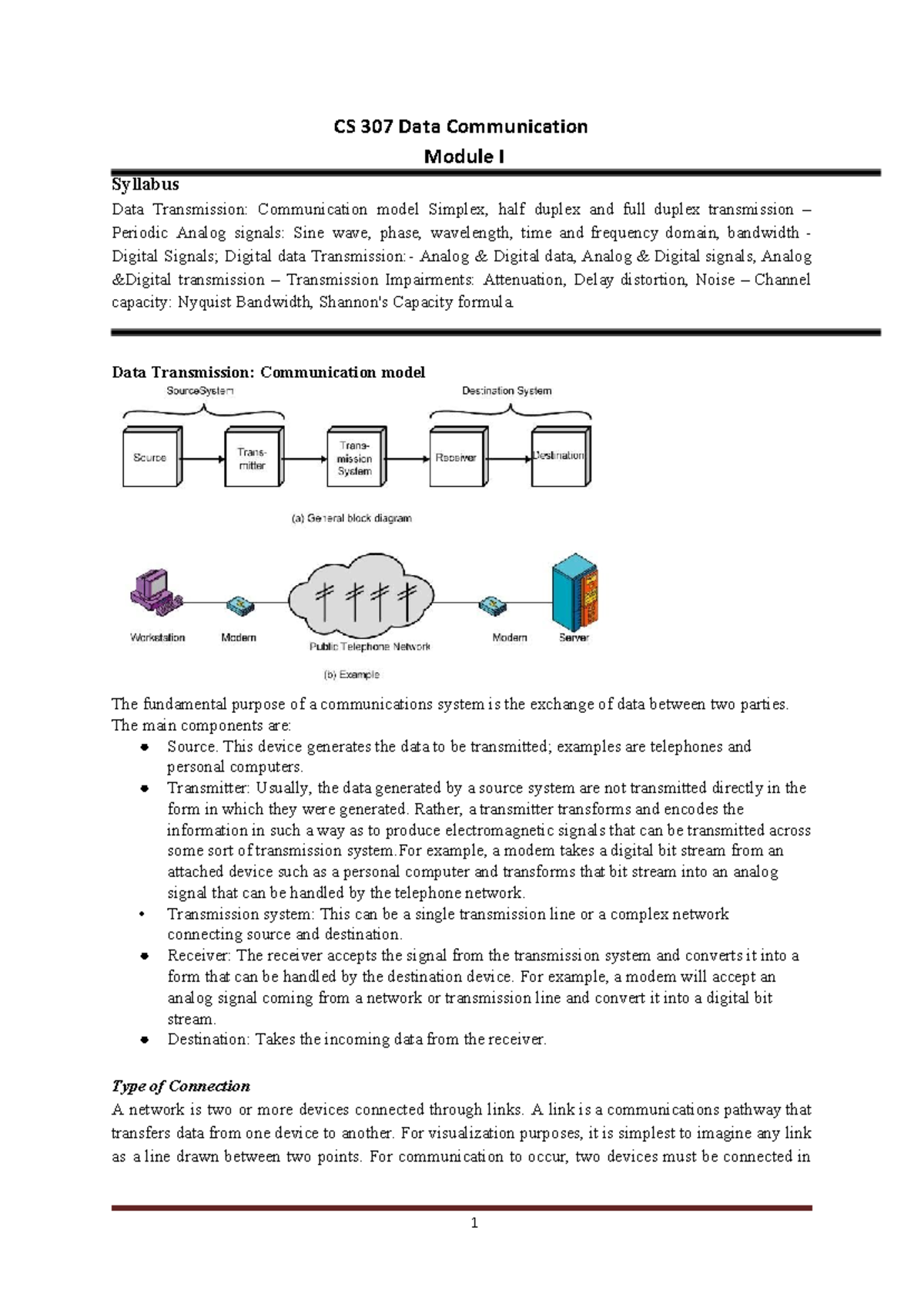 Dc1 - Module 1 - CS 307 Data Communication Module I Syllabus Data Transmission: Communication ...