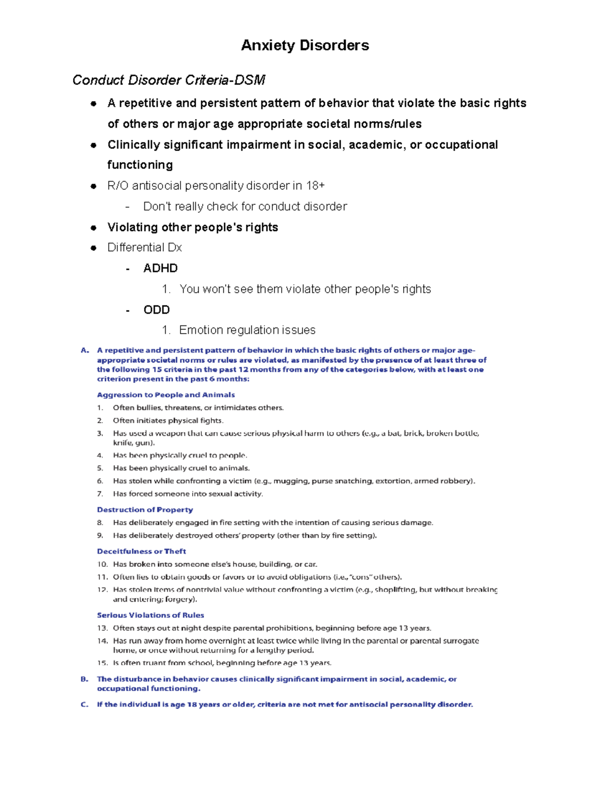Week 6 Lecture Summary - Anxiety Disorders Conduct Disorder Criteria ...