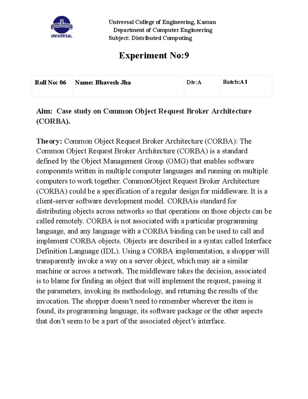 DC Experiment No Bhavesh - Department of Computer Engineering Subject: Distributed Computing ...