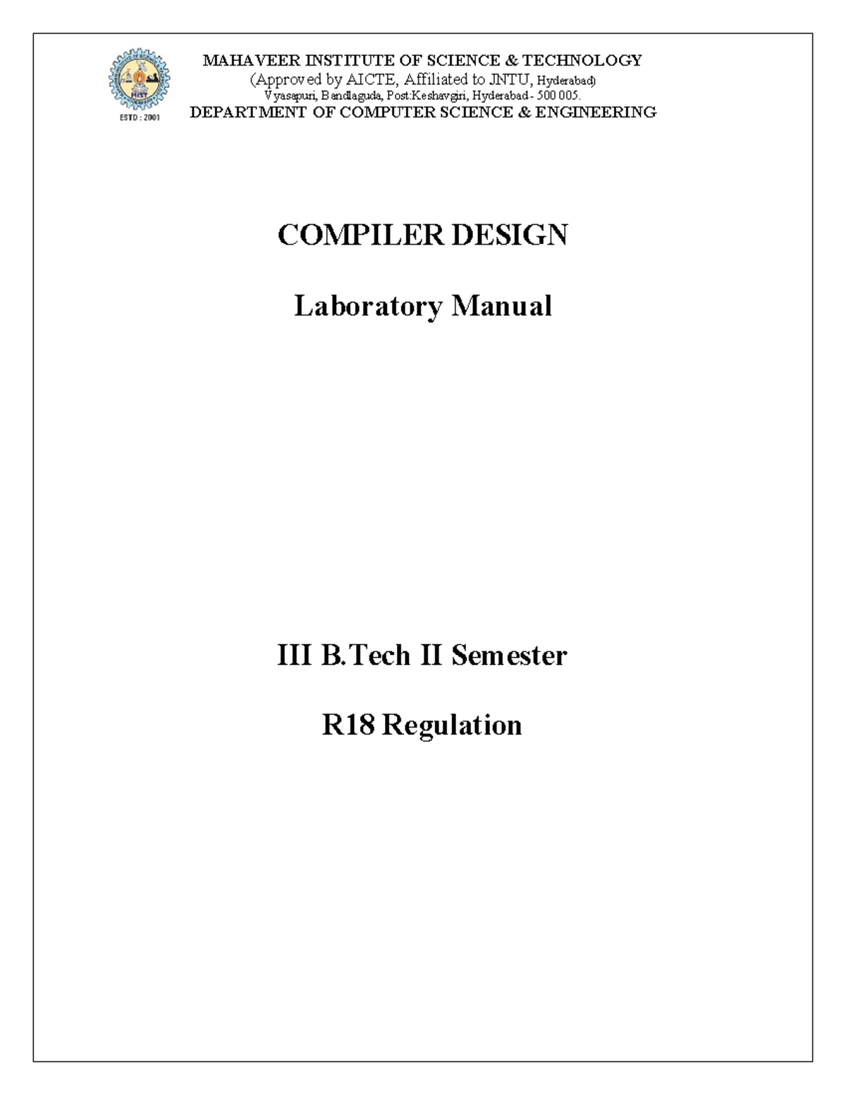 Compiler Design R18 lab manual - (Approved by AICTE, Affiliated to JNTU, Hyderabad) Vyasapuri ...